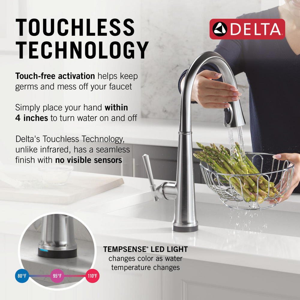 Emmeline Touchless Kitchen Pulldown AR 9182TL-AR-PR-DST | Delta Faucet
